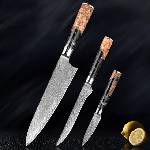 SAKUTO (作東) Japanese Damascus Steel Kitchen Knife Set With Coloured Bl ...