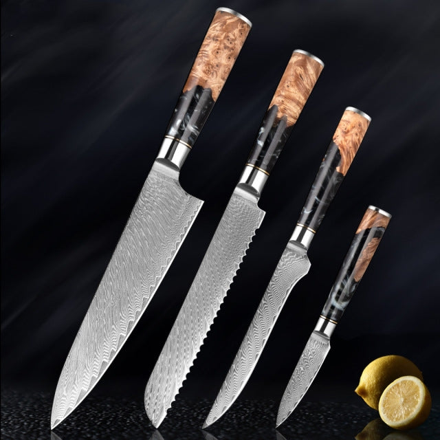 SAKUTO (作東) Japanese Damascus Steel Kitchen Knife Set With Coloured Bl ...