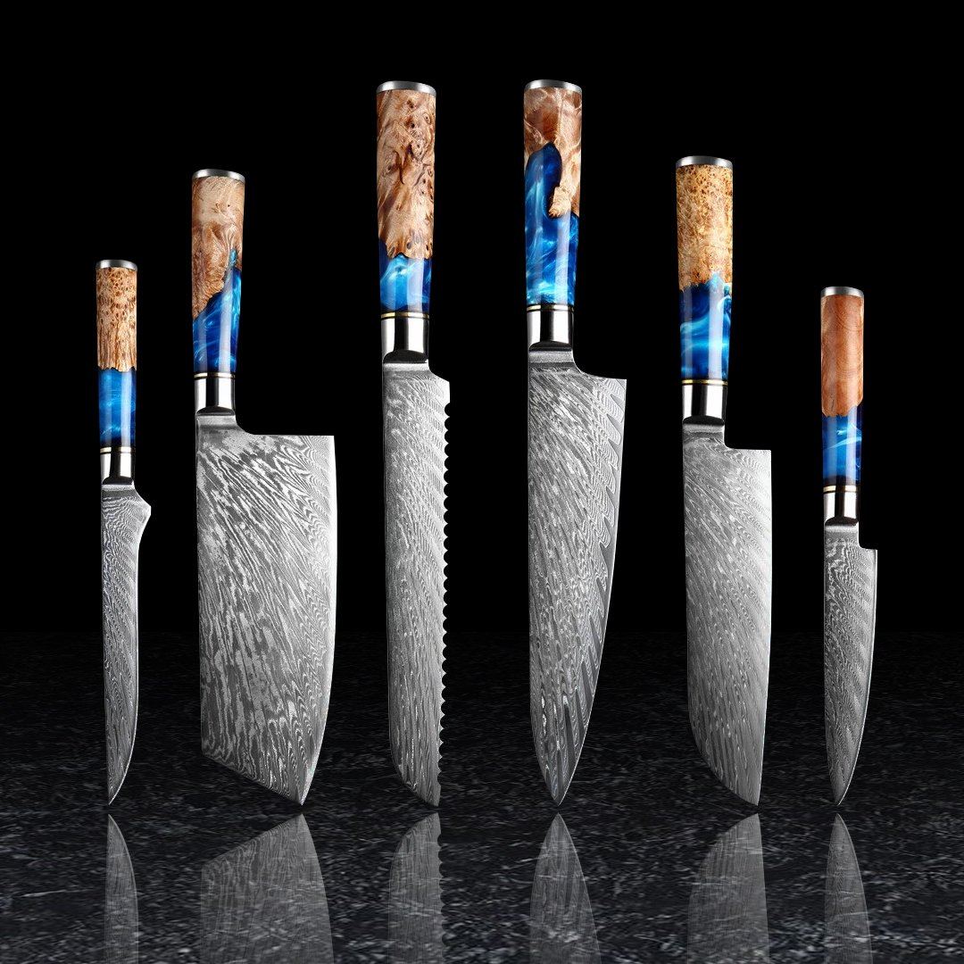 SAKUTO (作東) Japanese Damascus Steel Kitchen Knife Set With Blue Handle ...
